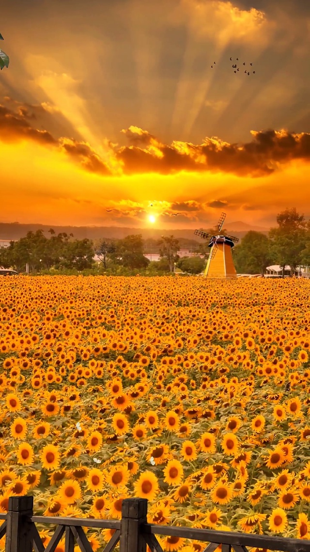 黄昏下的向日葵花海(风景手机动态壁纸) - 风景手机壁纸下载 - 元气壁纸